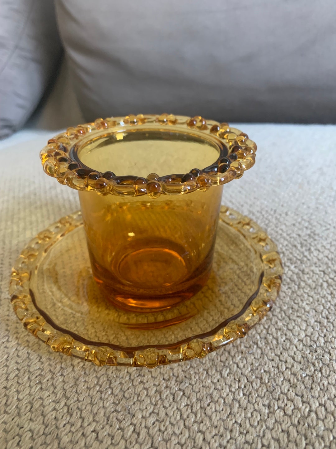 Vintage Reticulated Rim Amber Glass Toothpick Holder With Saucer - Etsy