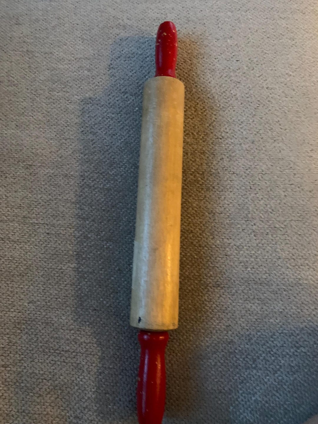 Vintage Hickory Rolling Pin With Original Red Handles, Marks on Roller ...