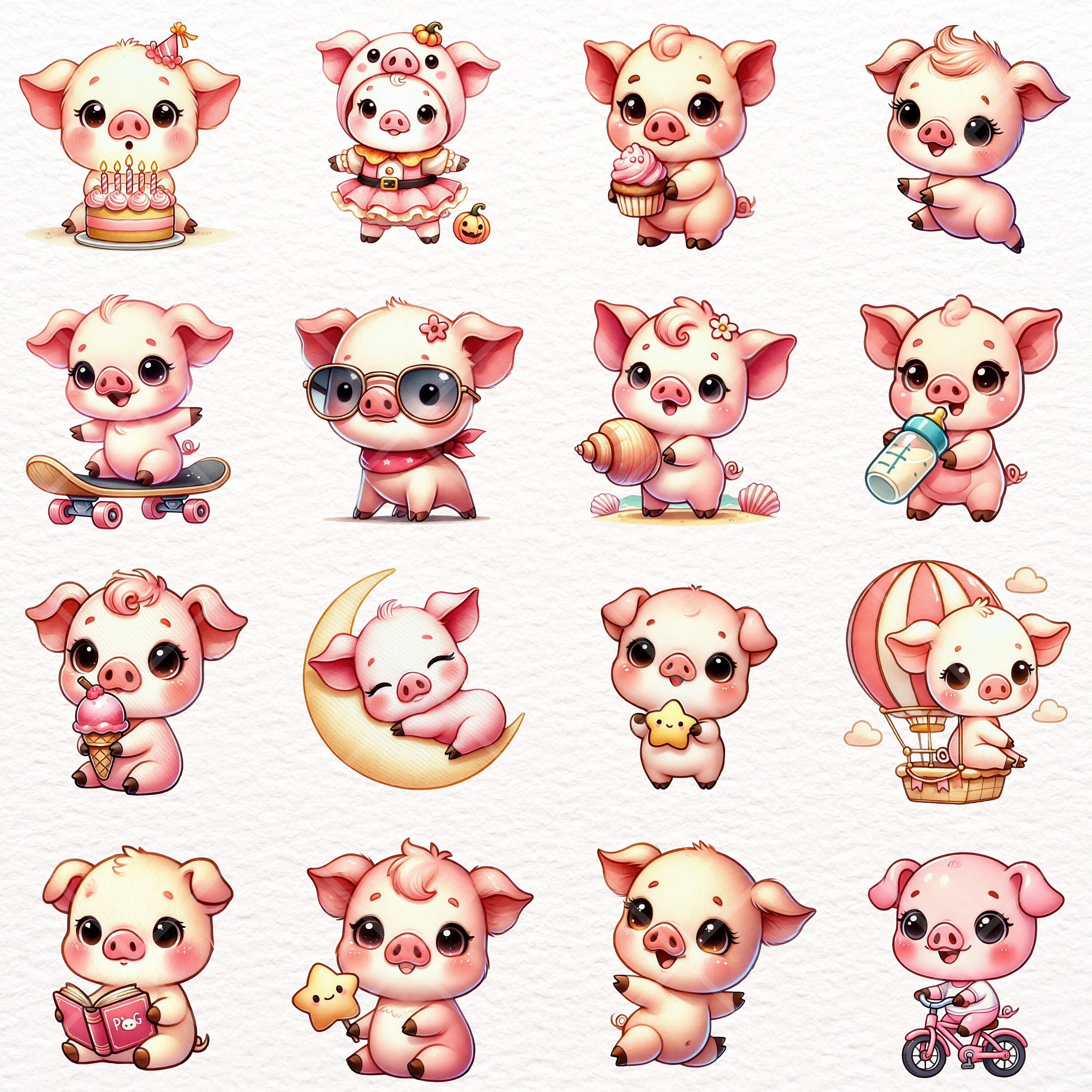 Cute Pig Clipart, Watercolor Baby Pig Nursery, Pig Sleep on Moon ...