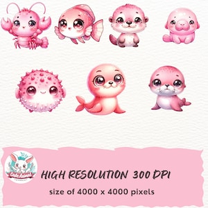Pink Under the Sea Animals Watercolor Clipart Bundle, Ocean Animal Png ...