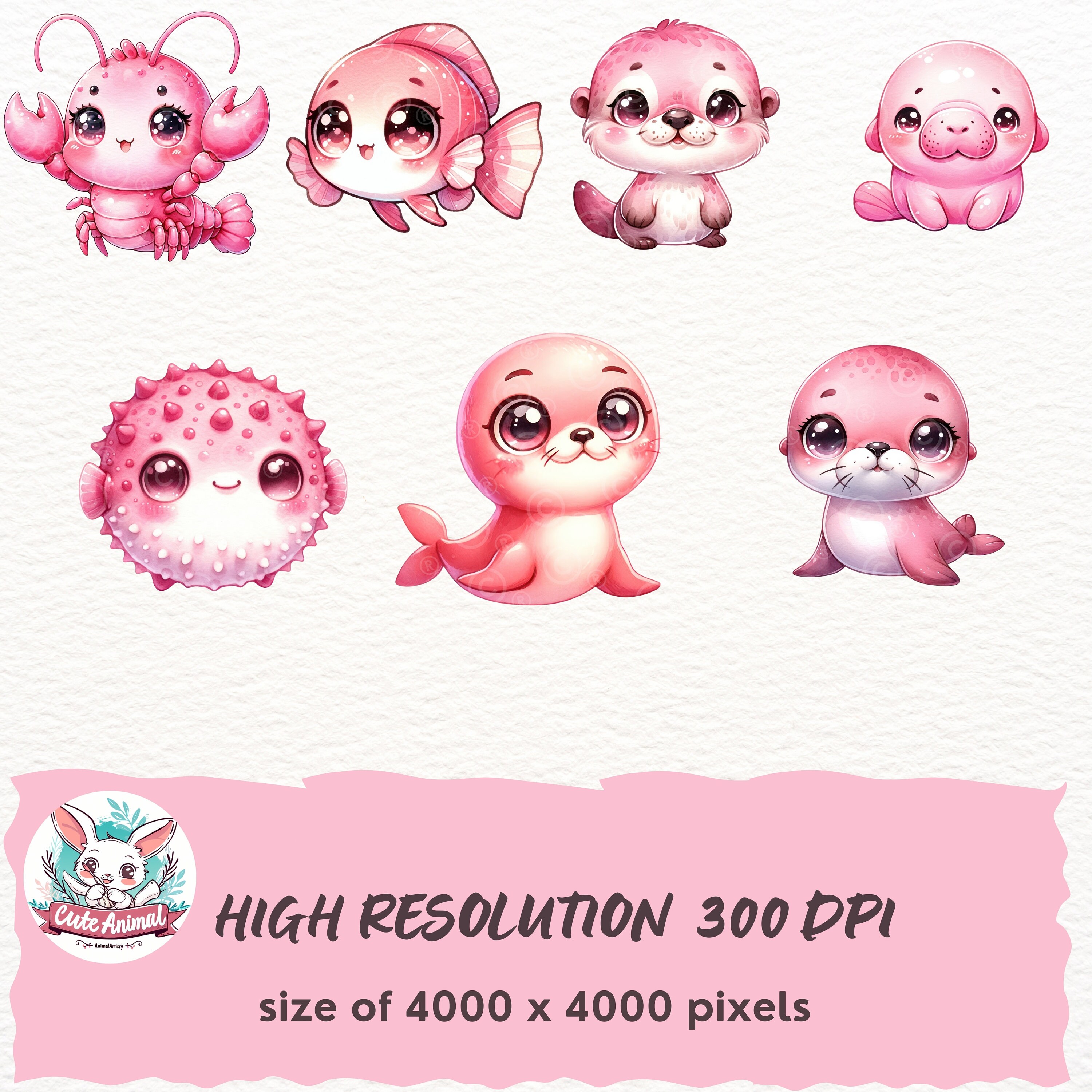 Pink Under the Sea Animals Watercolor Clipart Bundle, Ocean Animal Png ...
