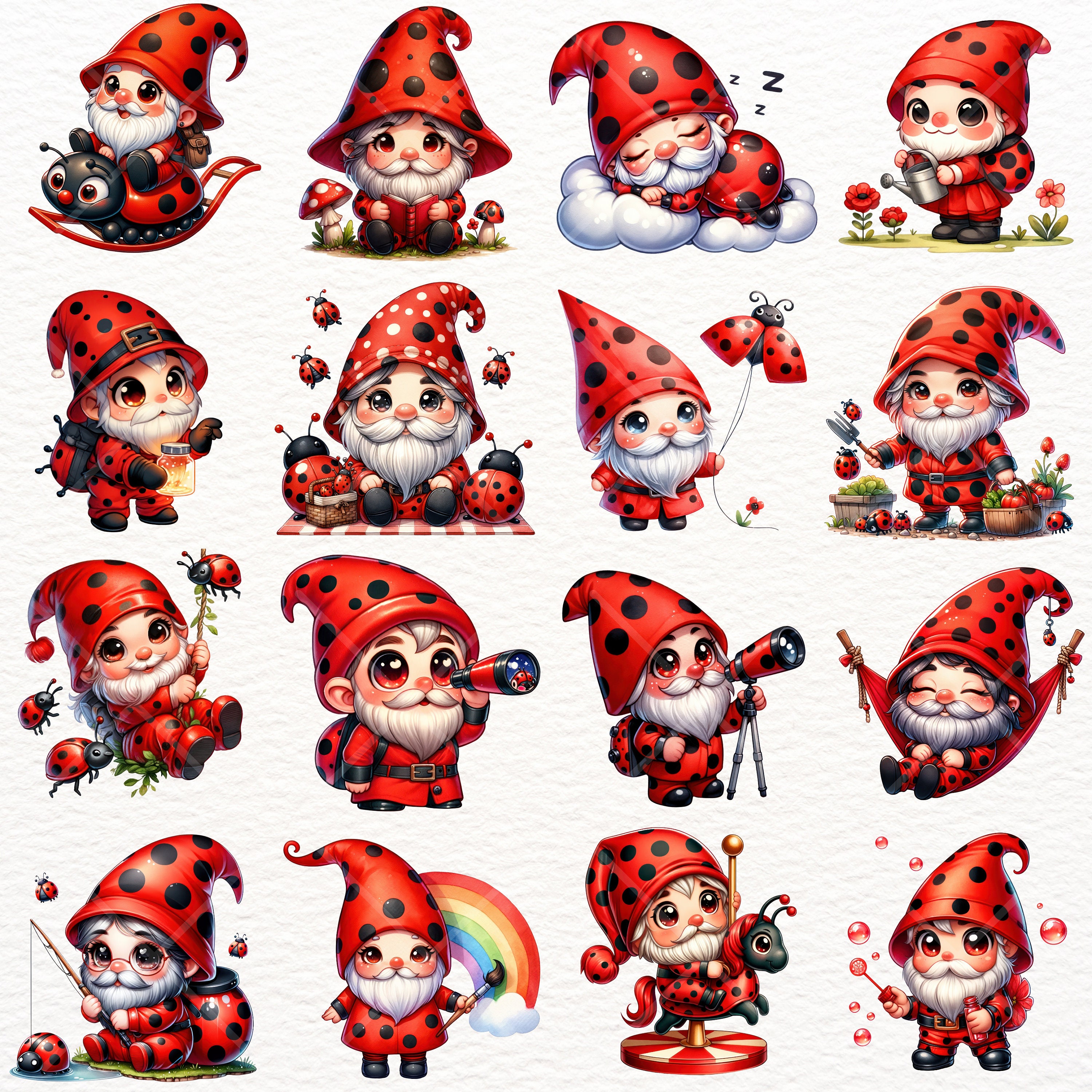 Ladybug Gnome Clipart Bundle, Spring Gnomes, Watercolor Clipart, Cute ...