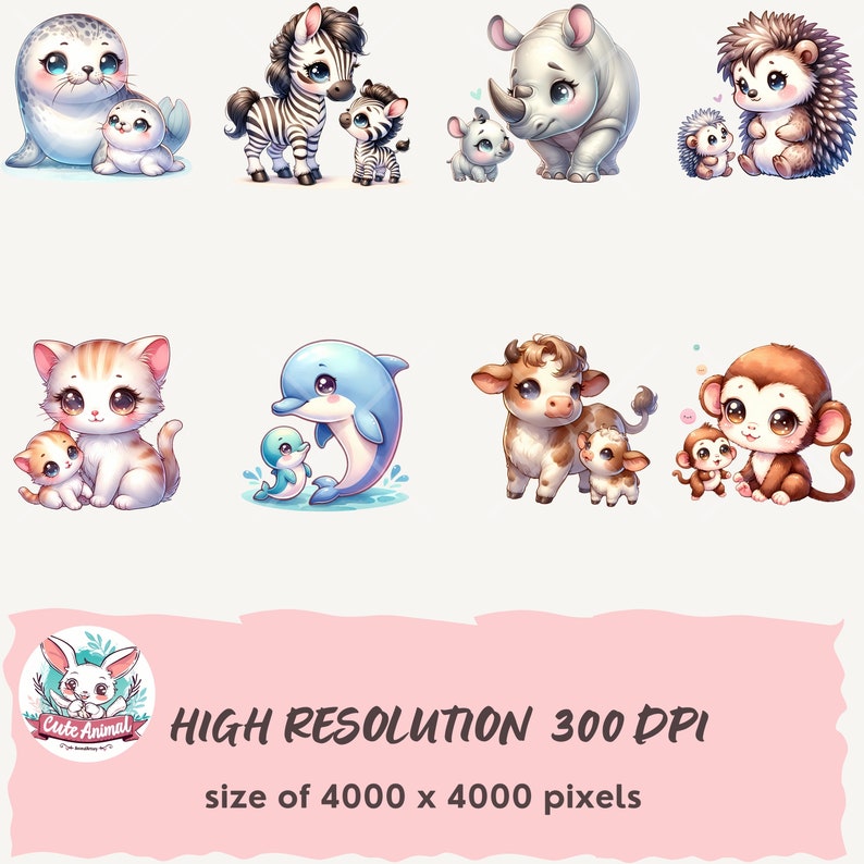 Mama and Baby Animal Clipart, Watercolor Clipart, Chibi Clipart, Baby ...