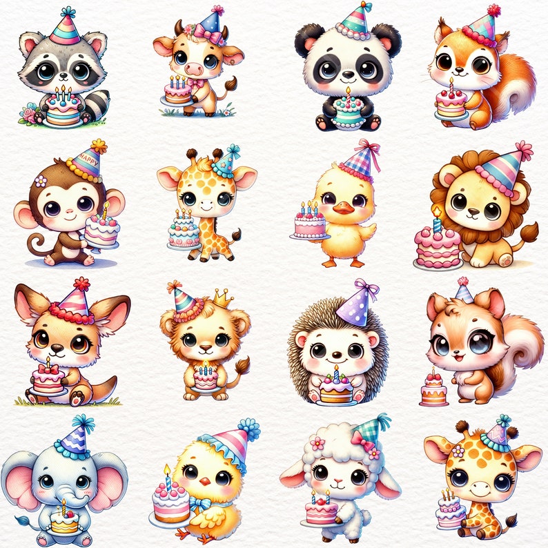 Birthday Animals Clipart Bundle, Watercolor Cute Animal Party Nursery ...