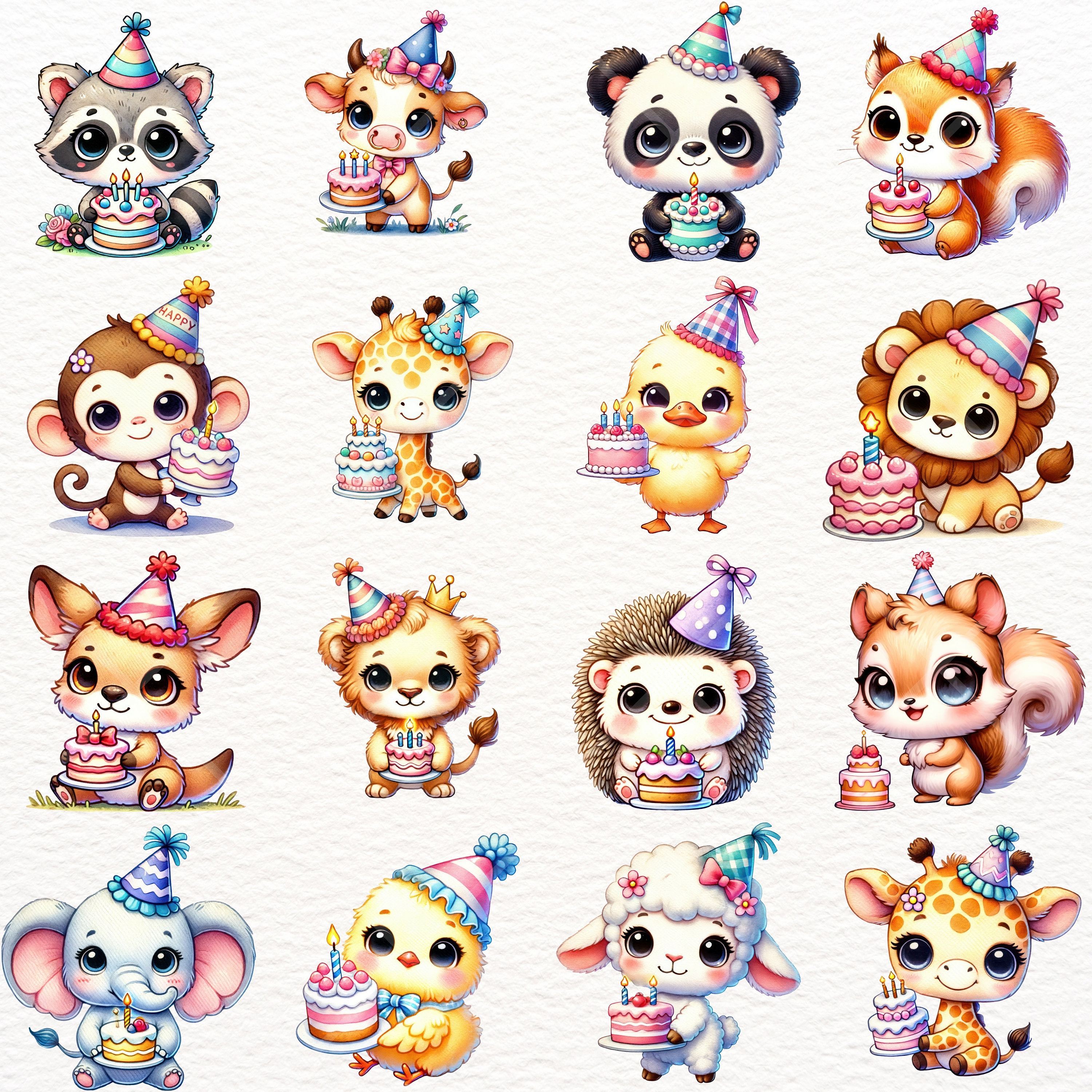 Birthday Animals Clipart Bundle, Watercolor Cute Animal Party Nursery ...