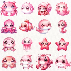 Pink Under the Sea Animals Watercolor Clipart Bundle, Ocean Animal Png ...