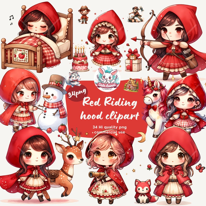 Red Riding Hood Chibi Clipart: Watercolor Fairytale Illustrations ...
