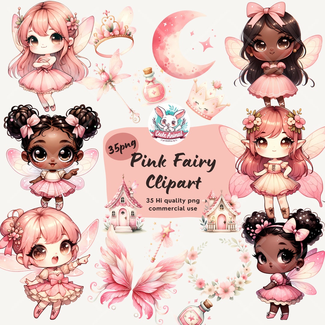 Pink Fairy Clipart Bundle, Watercolor Fairy Garden Clip Art, Cute ...