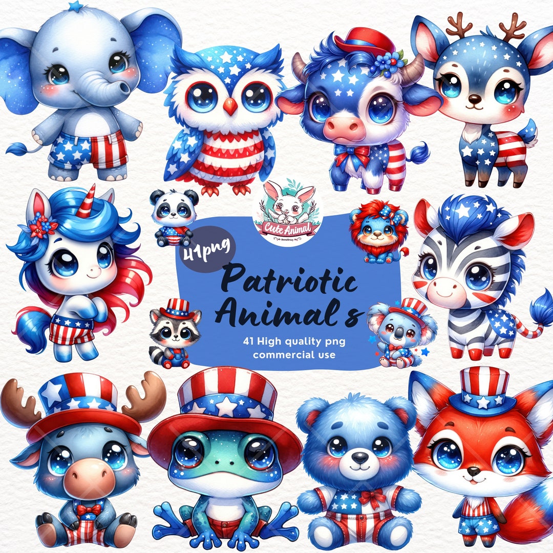 Watercolor Patriotic Animals Clipart: 4th of July PNG Bundle (digital ...