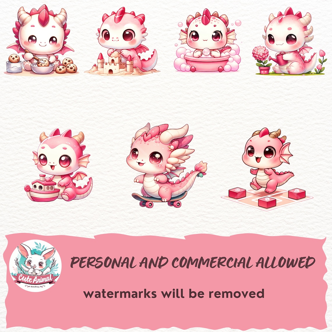 Pink Dragon Watercolor Clipart Bundle, Cute Dragon PNG, Baby Dragon ...