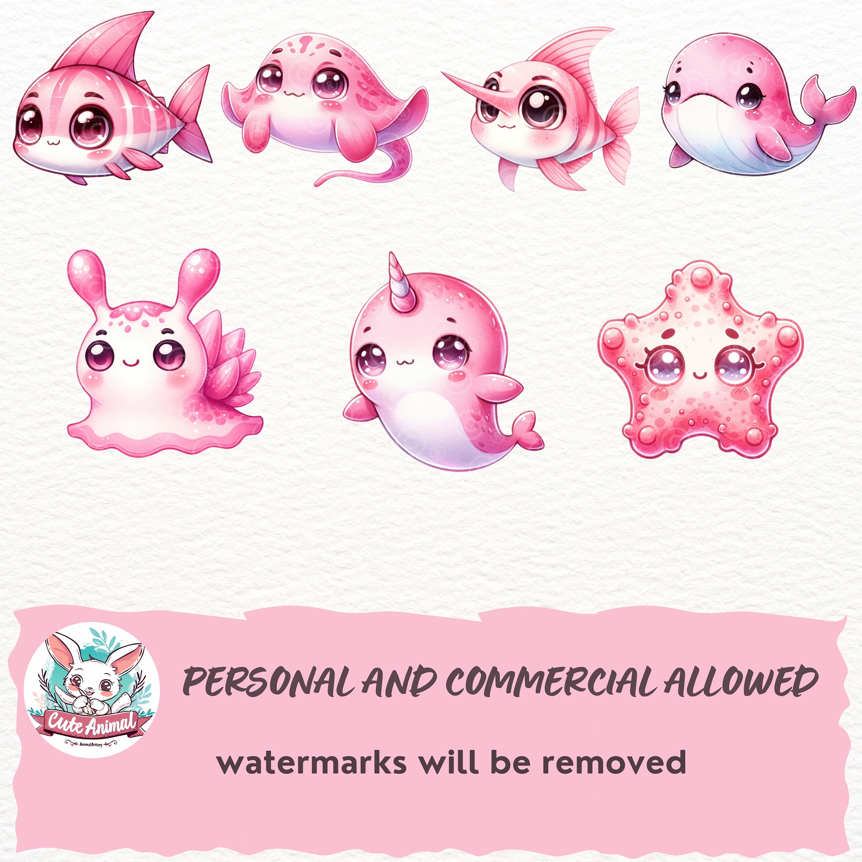 Pink Under the Sea Animals Watercolor Clipart Bundle, Ocean Animal Png ...
