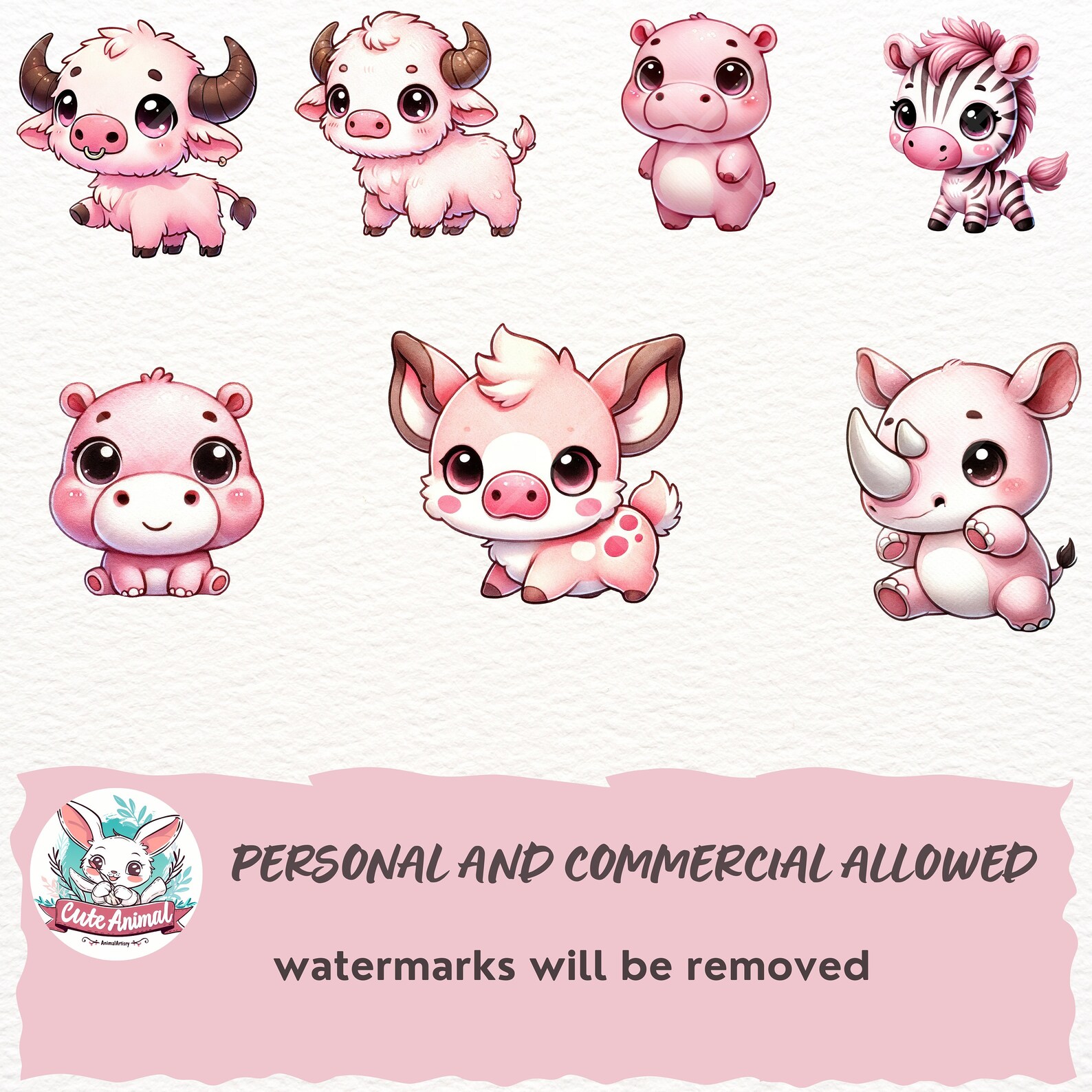Watercolor Pink Safari Animals Clipart: Baby Shower PNG (digital ...