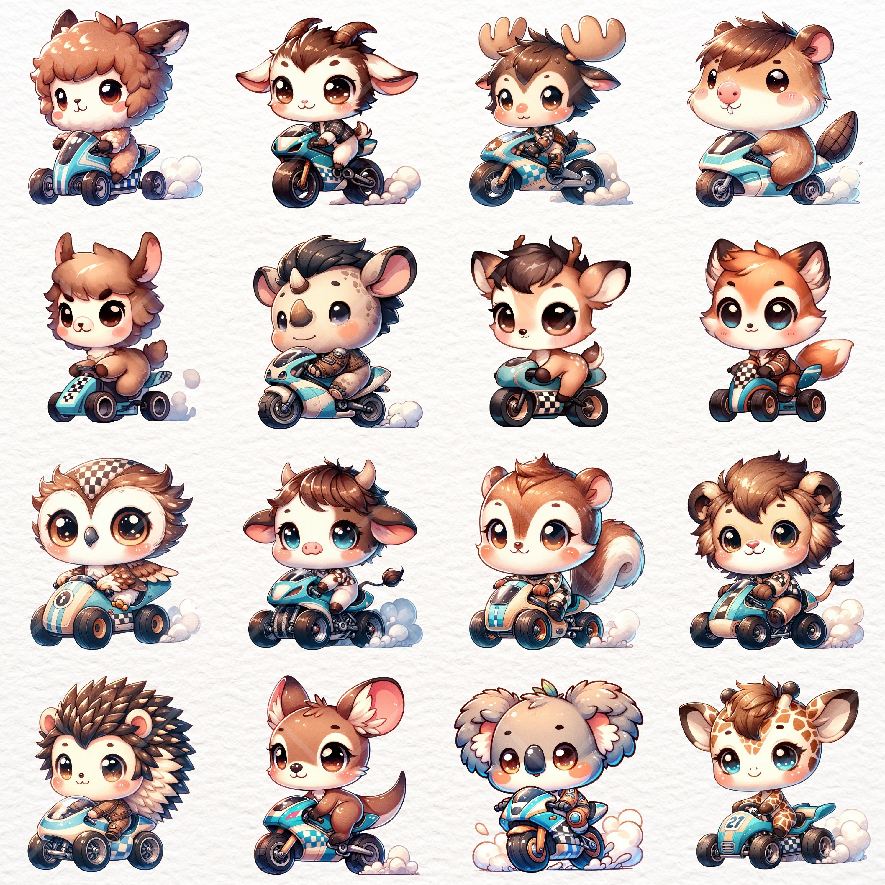 Cute Animals Racing Clipart, Watercolor Clipart, Baby Animal Png, Chibi ...