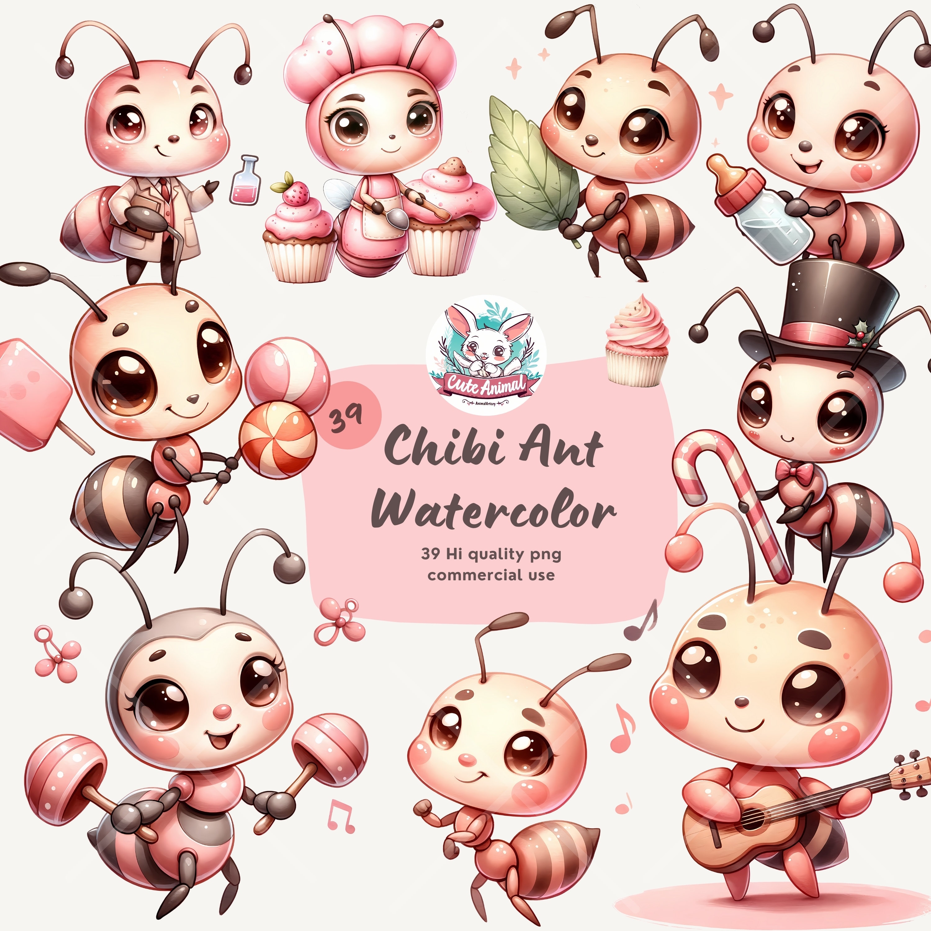 Ant Chibi Clipart, Watercolor Clipart, Cute Ant Clipart, Nursery ...