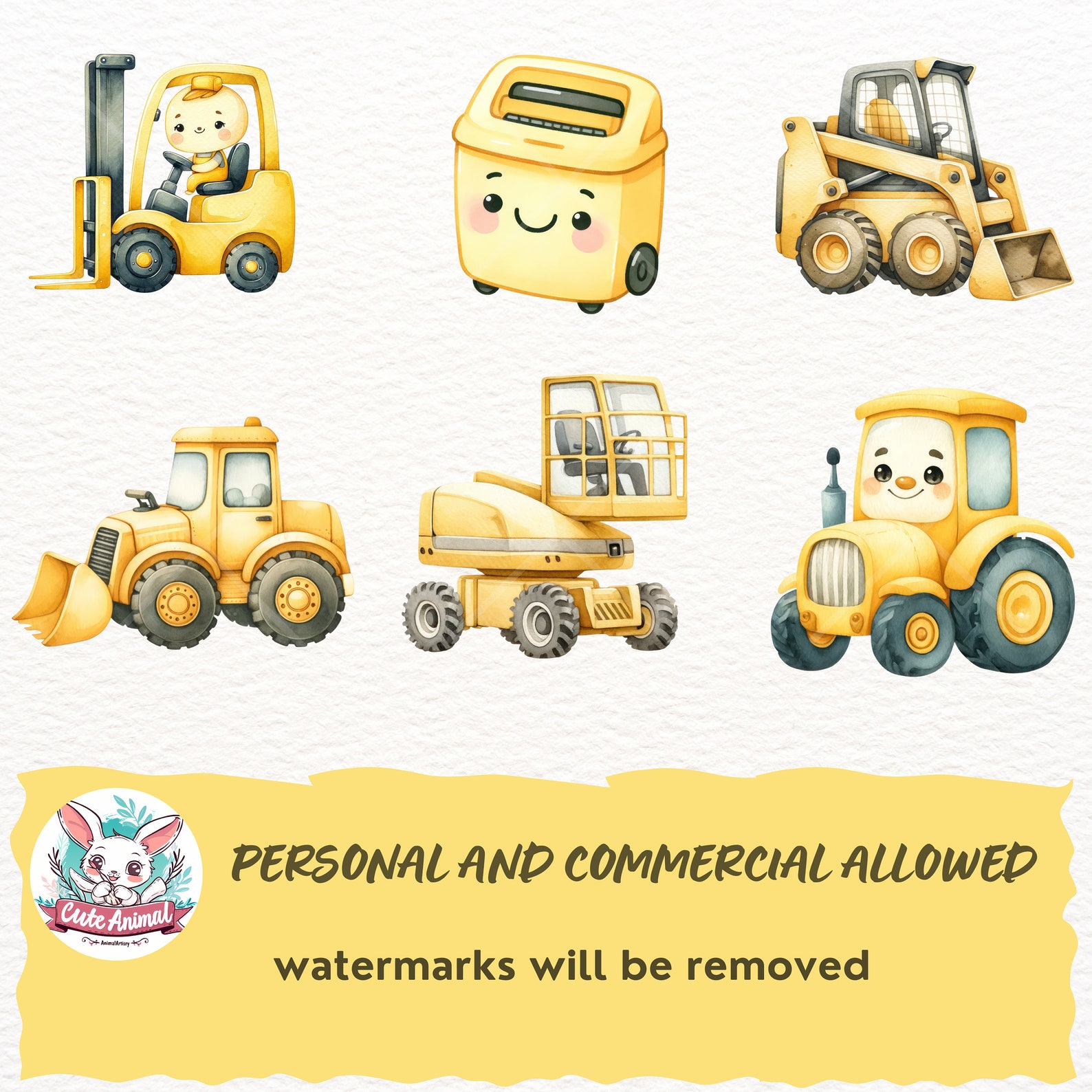 Cute Construction Vehicle Clipart, Watercolor Clipart, Nursery Clipart ...