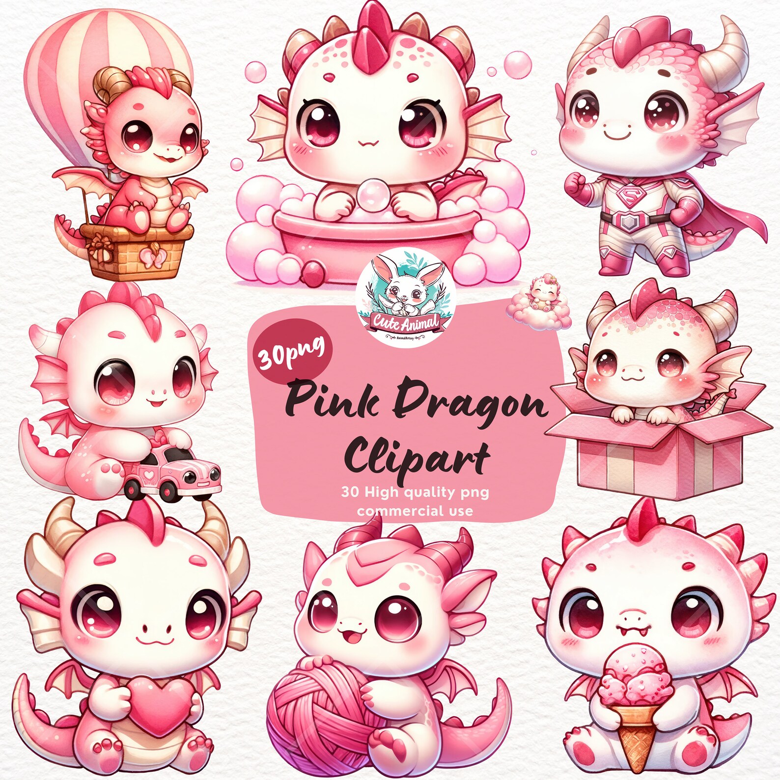 Pink Dragon Watercolor Clipart Bundle, Cute Dragon PNG, Baby Dragon ...
