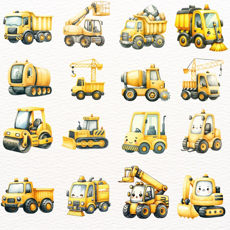 Cute Construction Vehicle Clipart, Watercolor Clipart, Nursery Clipart ...