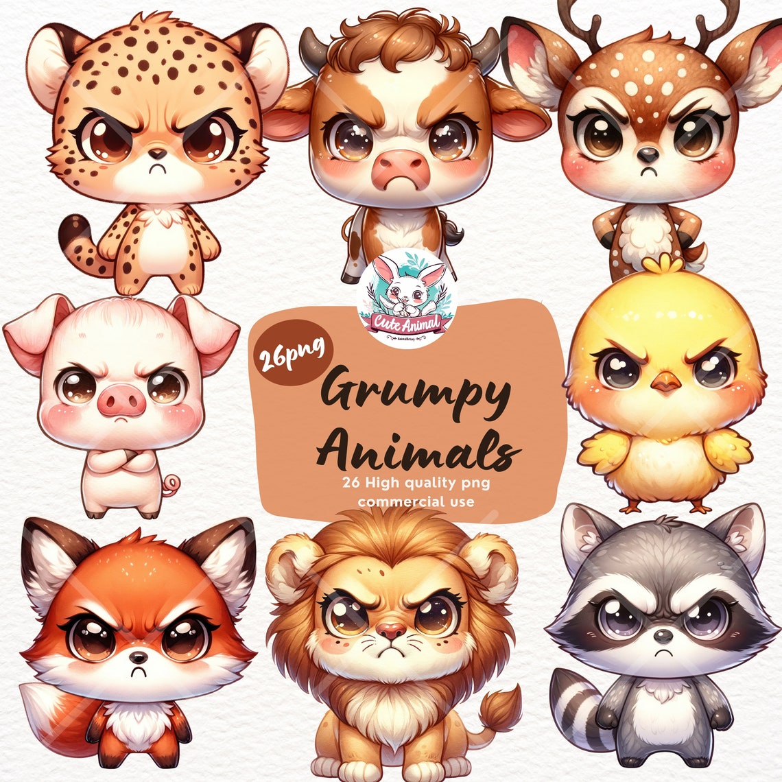 Funny Grumpy Animals Clipart, Watercolor Animals Clipart, Cute Animals ...