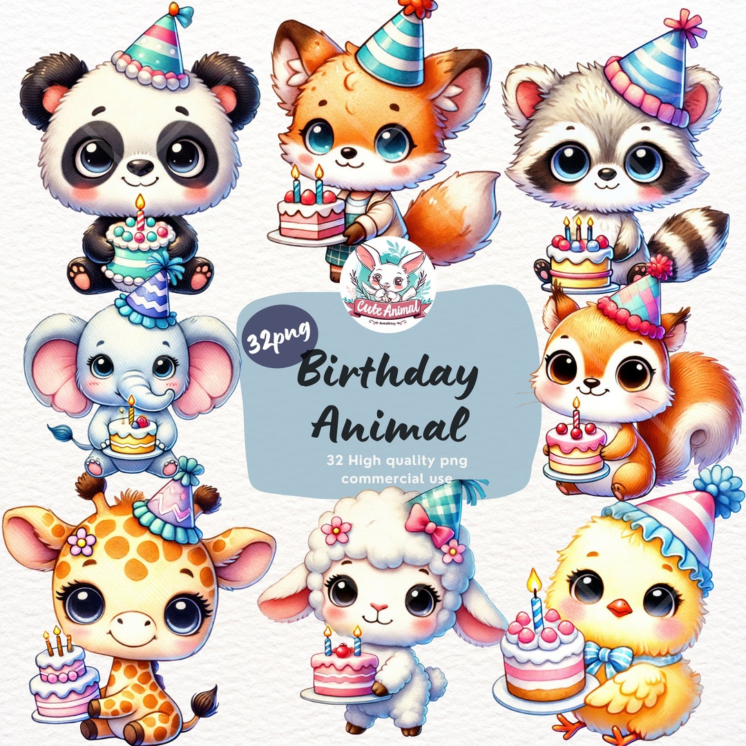 Birthday Animals Clipart Bundle, Watercolor Cute Animal Party Nursery ...