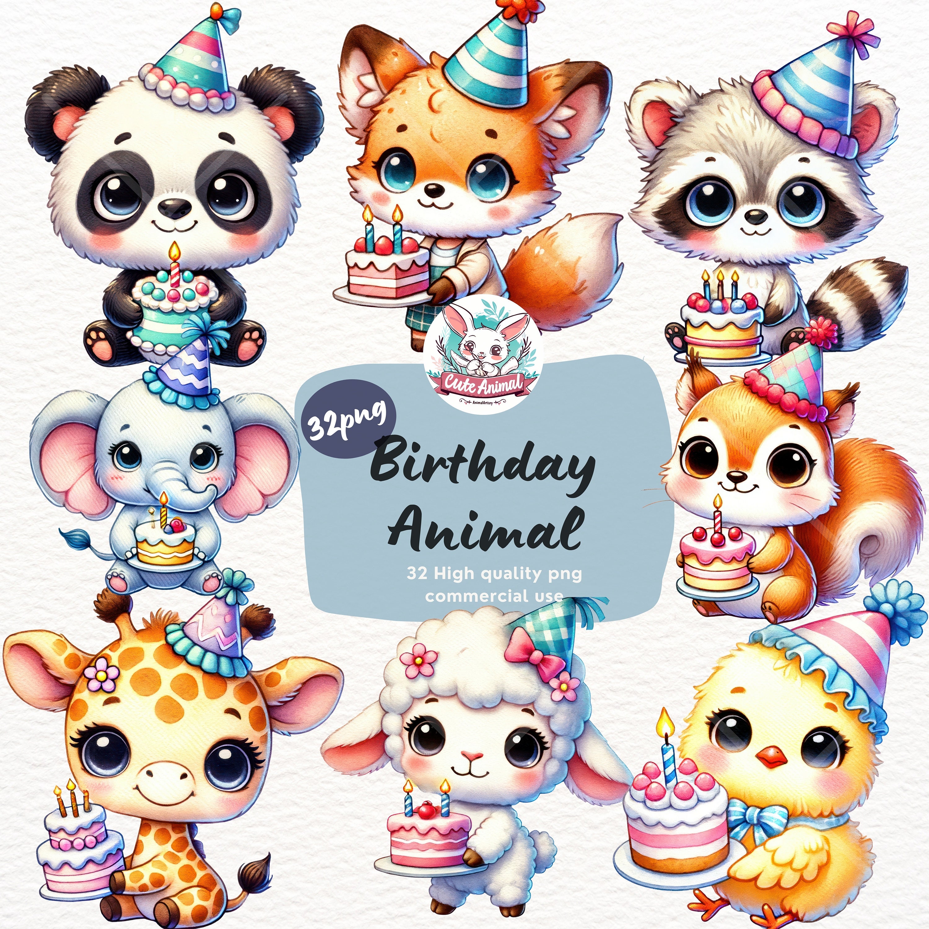 Birthday Animals Clipart Bundle, Watercolor Cute Animal Party Nursery ...