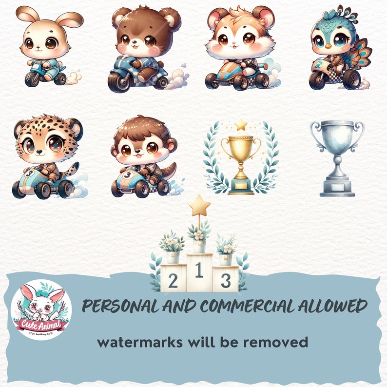 Cute Animals Racing Clipart, Watercolor Clipart, Baby Animal Png, Chibi ...