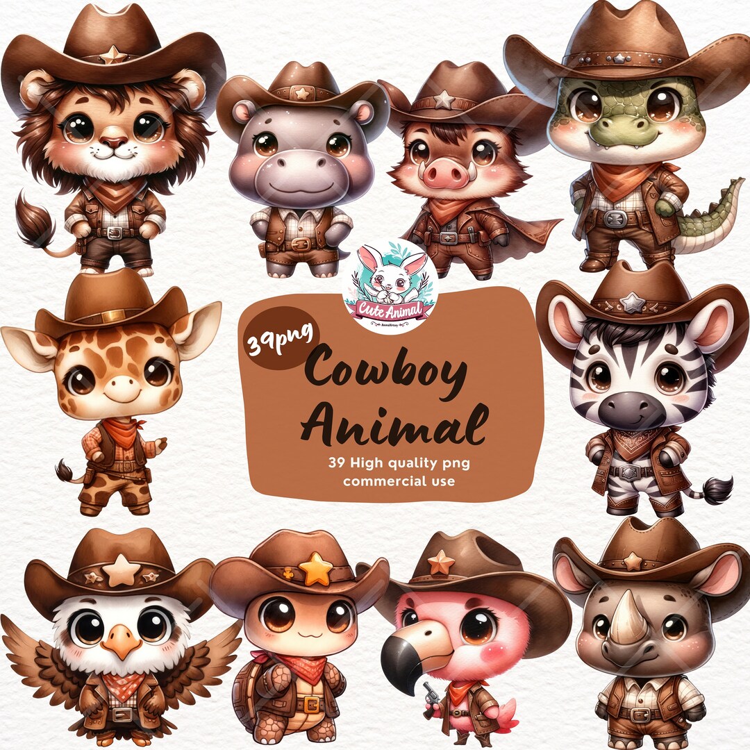 Cowboy Animal Clipart, Safari Animals Clipart, Watercolor Animals ...