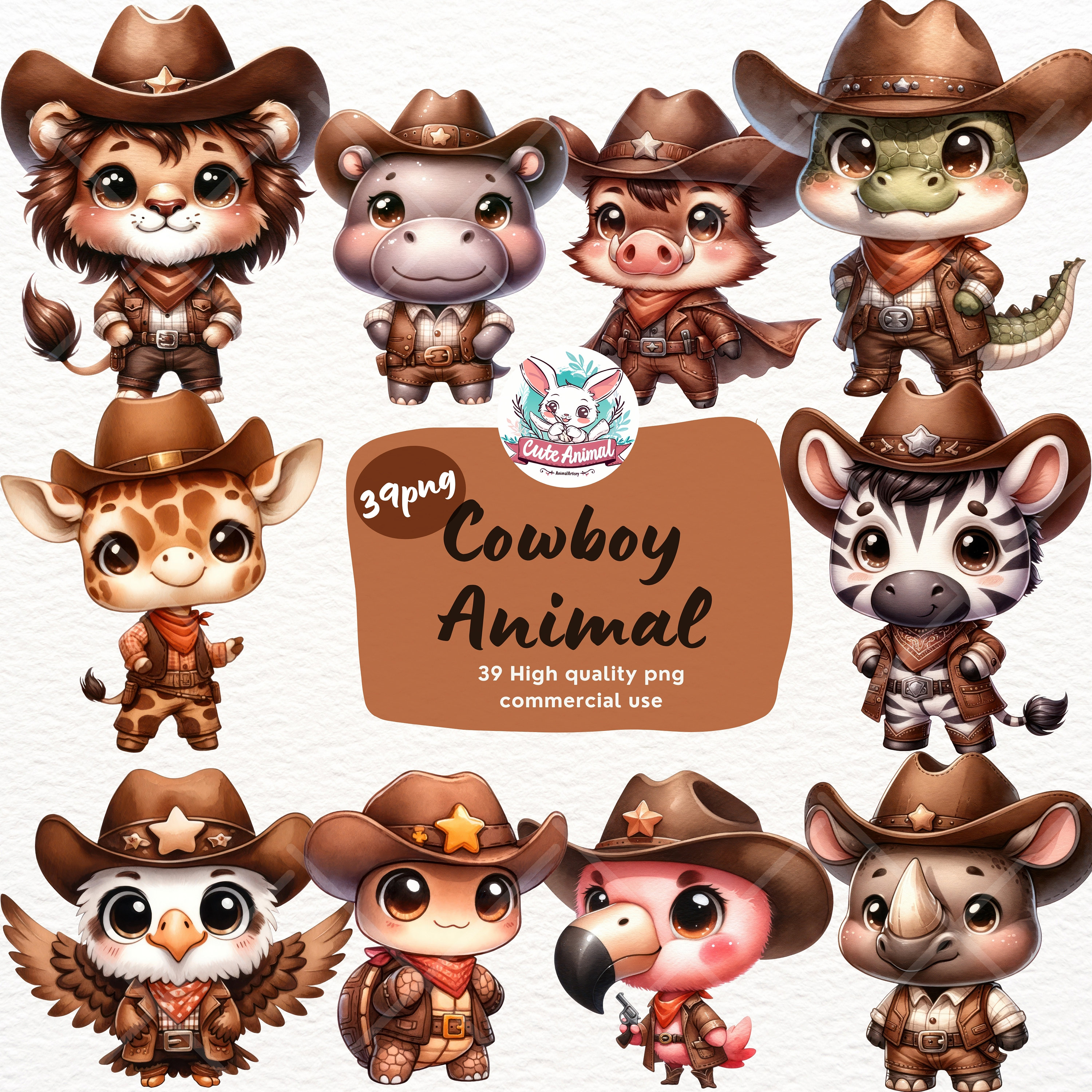 Cowboy Animal Clipart, Safari Animals Clipart, Watercolor Animals ...