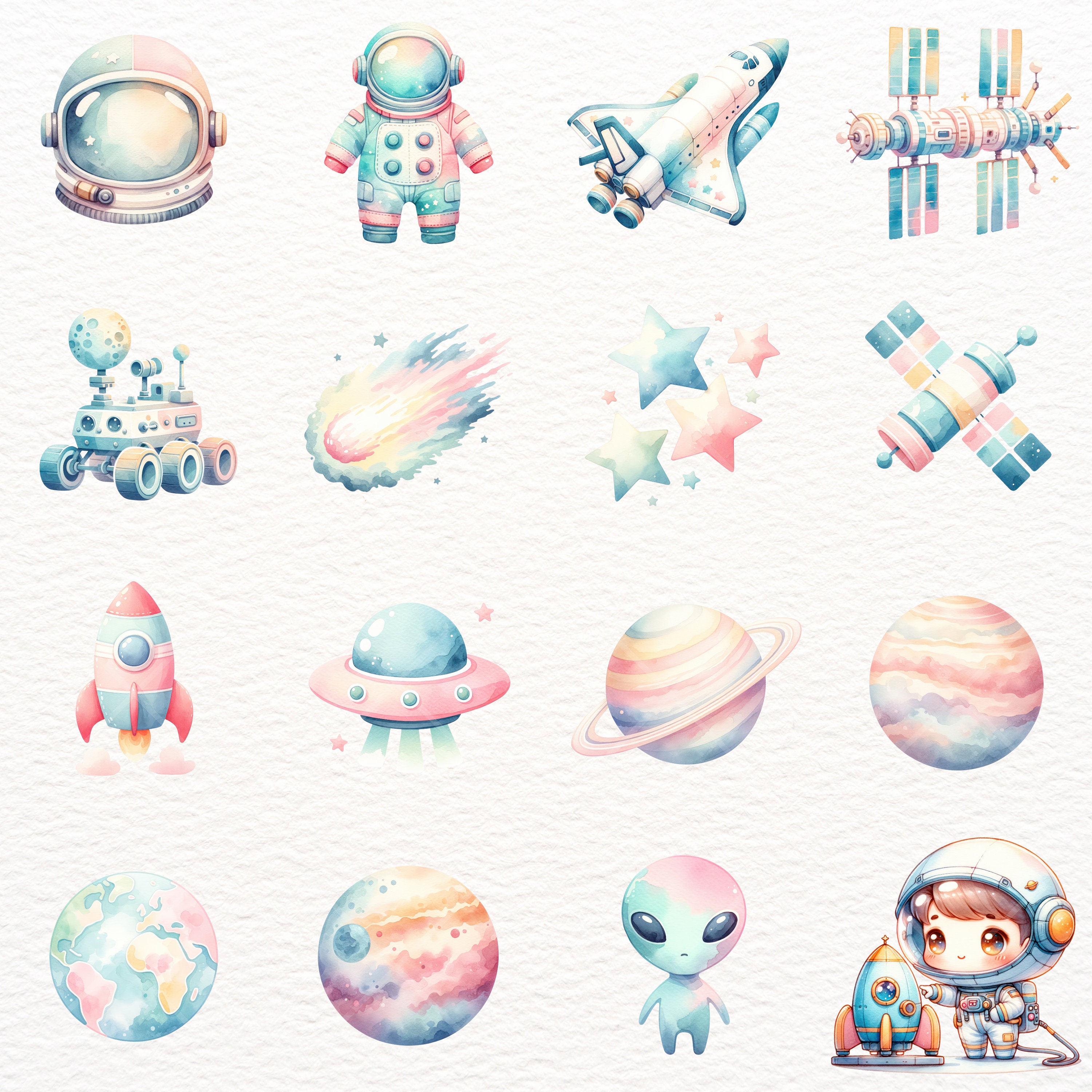 Watercolor Space Clipart Bundle, Astronaut Clipart, Planet Clipart, Ufo ...