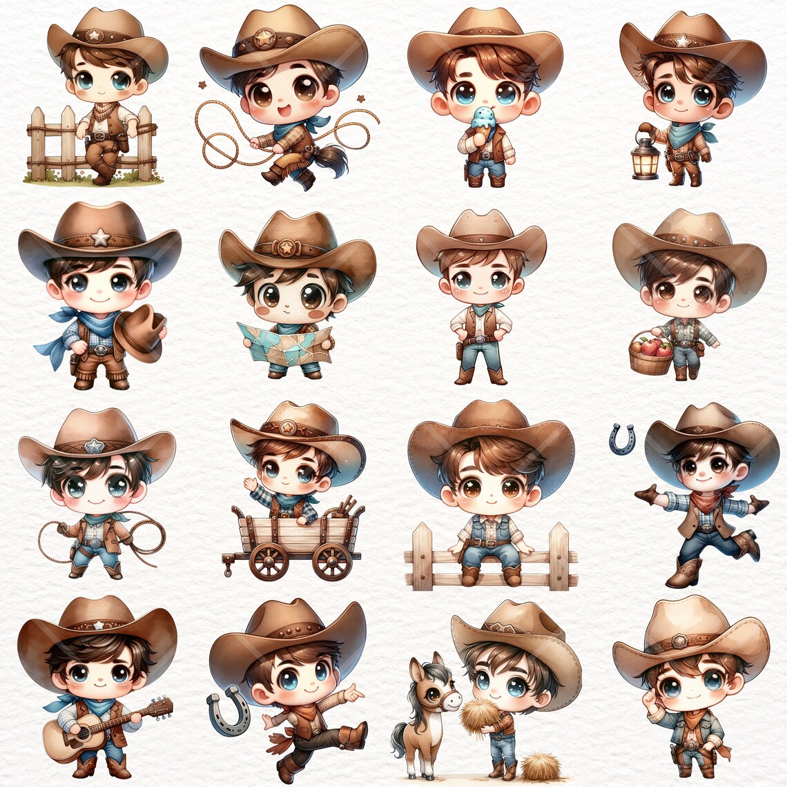 Baby Cowboy Clipart Bundle, Watercolor Clipart, Cute Cowboy Png, Wild ...