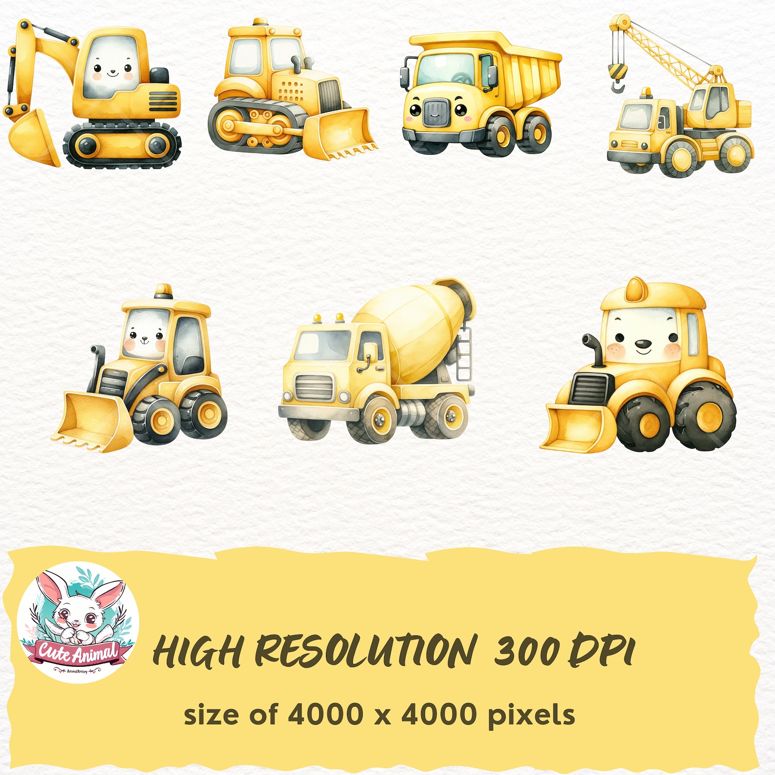 Cute Construction Vehicle Clipart, Watercolor Clipart, Nursery Clipart ...