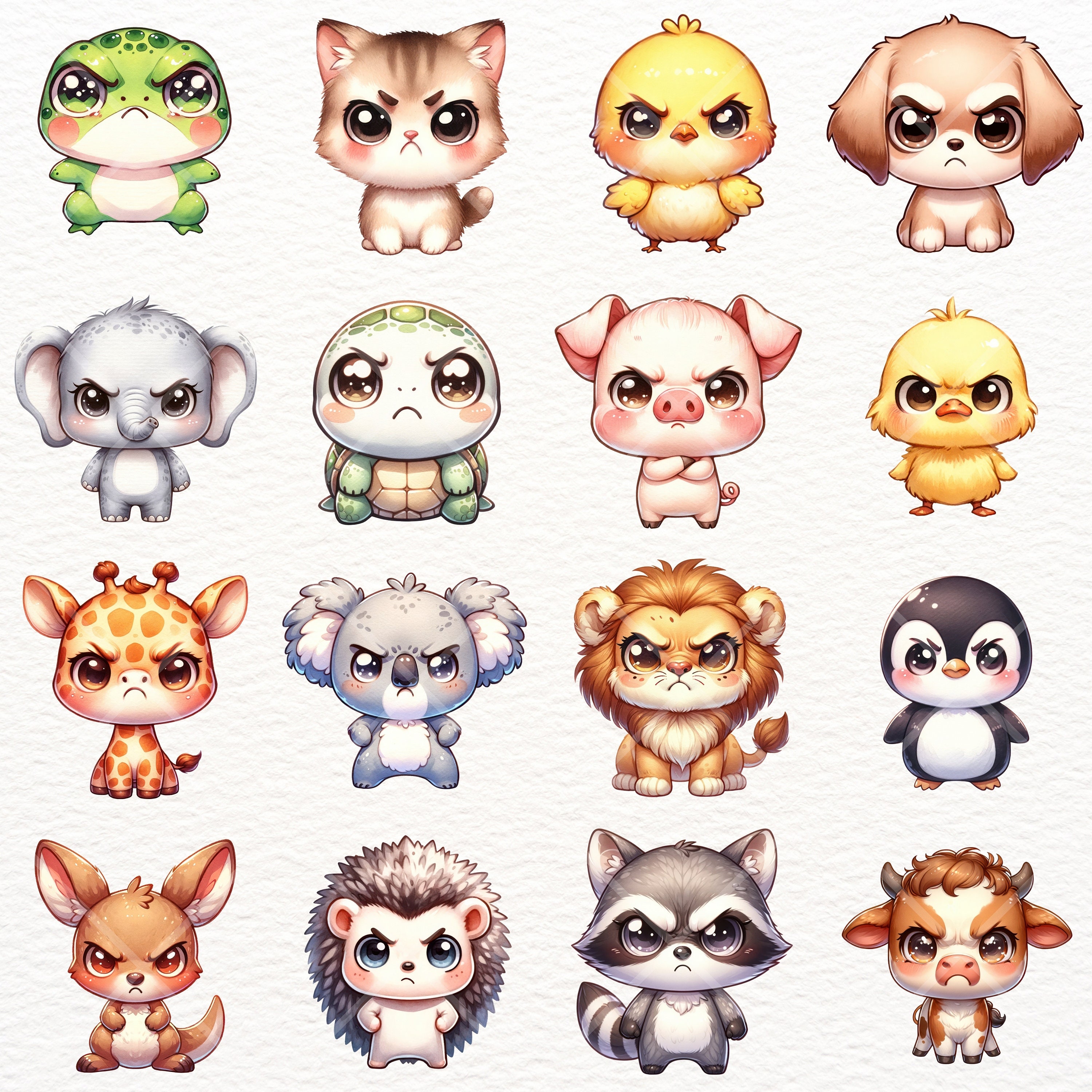 Funny Grumpy Animals Clipart, Watercolor Animals Clipart, Cute Animals ...