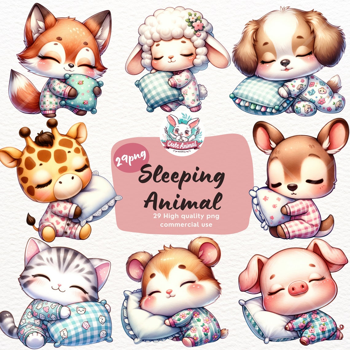Watercolor Sleeping Animals Clipart: Baby Safari PNG (digital Download ...