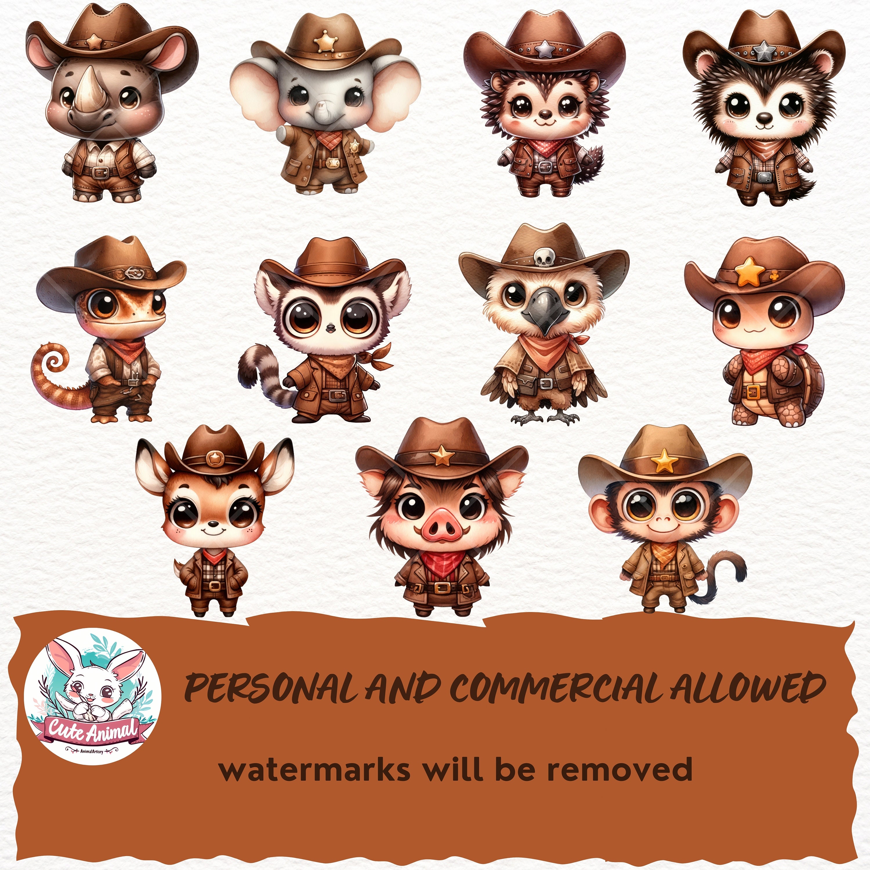 Cowboy Animal Clipart, Safari Animals Clipart, Watercolor Animals ...