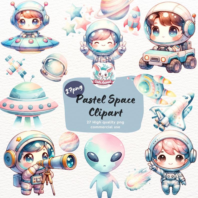 Watercolor Space Clipart Bundle, Astronaut Clipart, Planet Clipart, Ufo ...