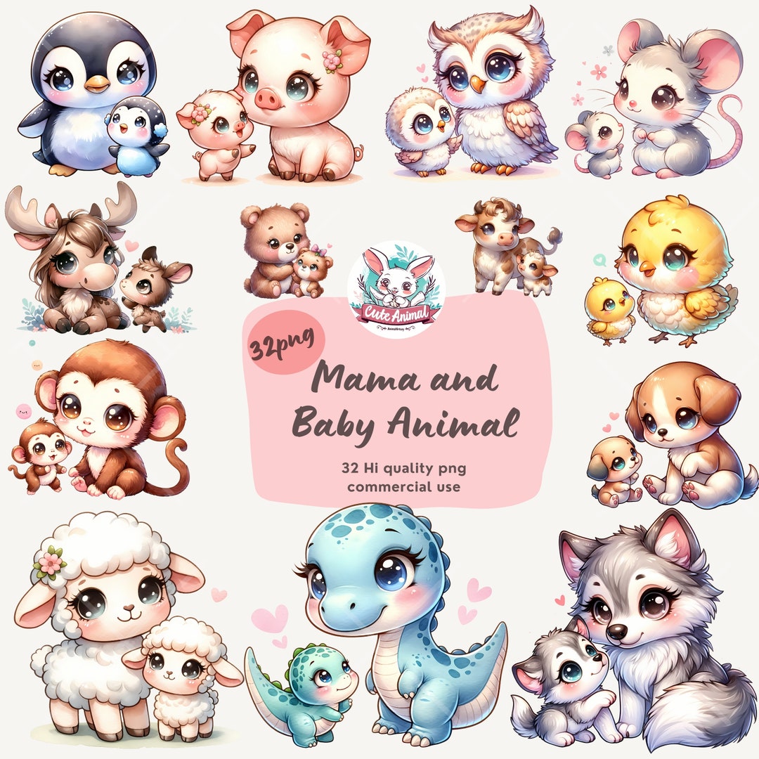 Mama and Baby Animal Clipart, Watercolor Clipart, Chibi Clipart, Baby ...