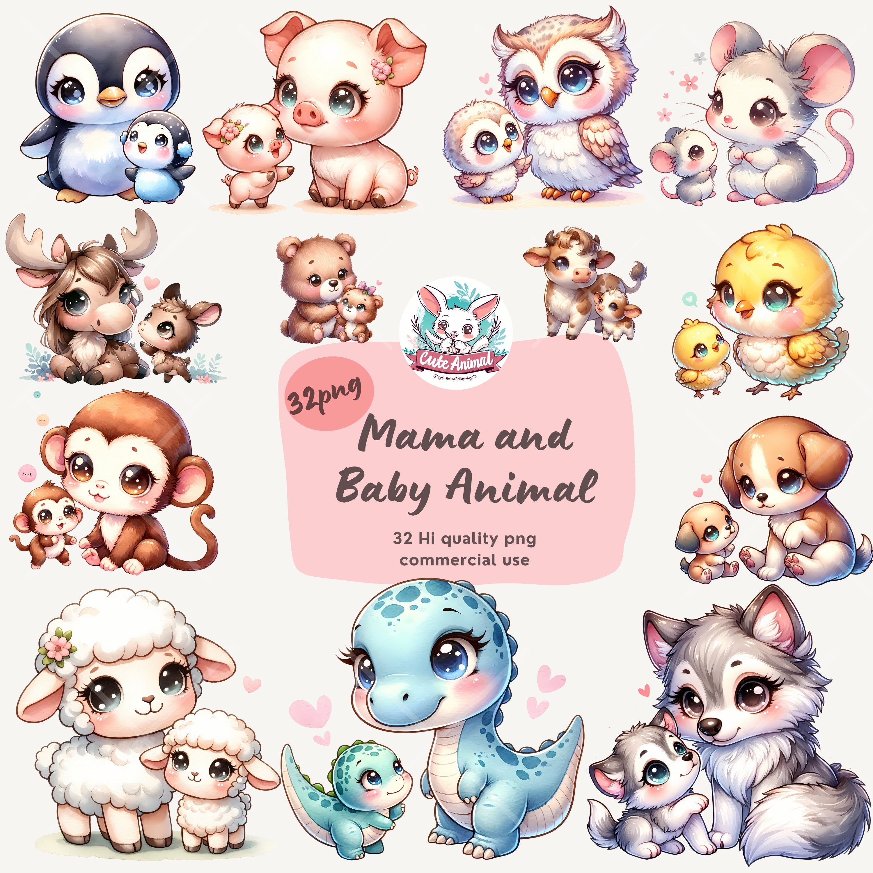 Mama and Baby Animal Clipart, Watercolor Clipart, Chibi Clipart, Baby ...