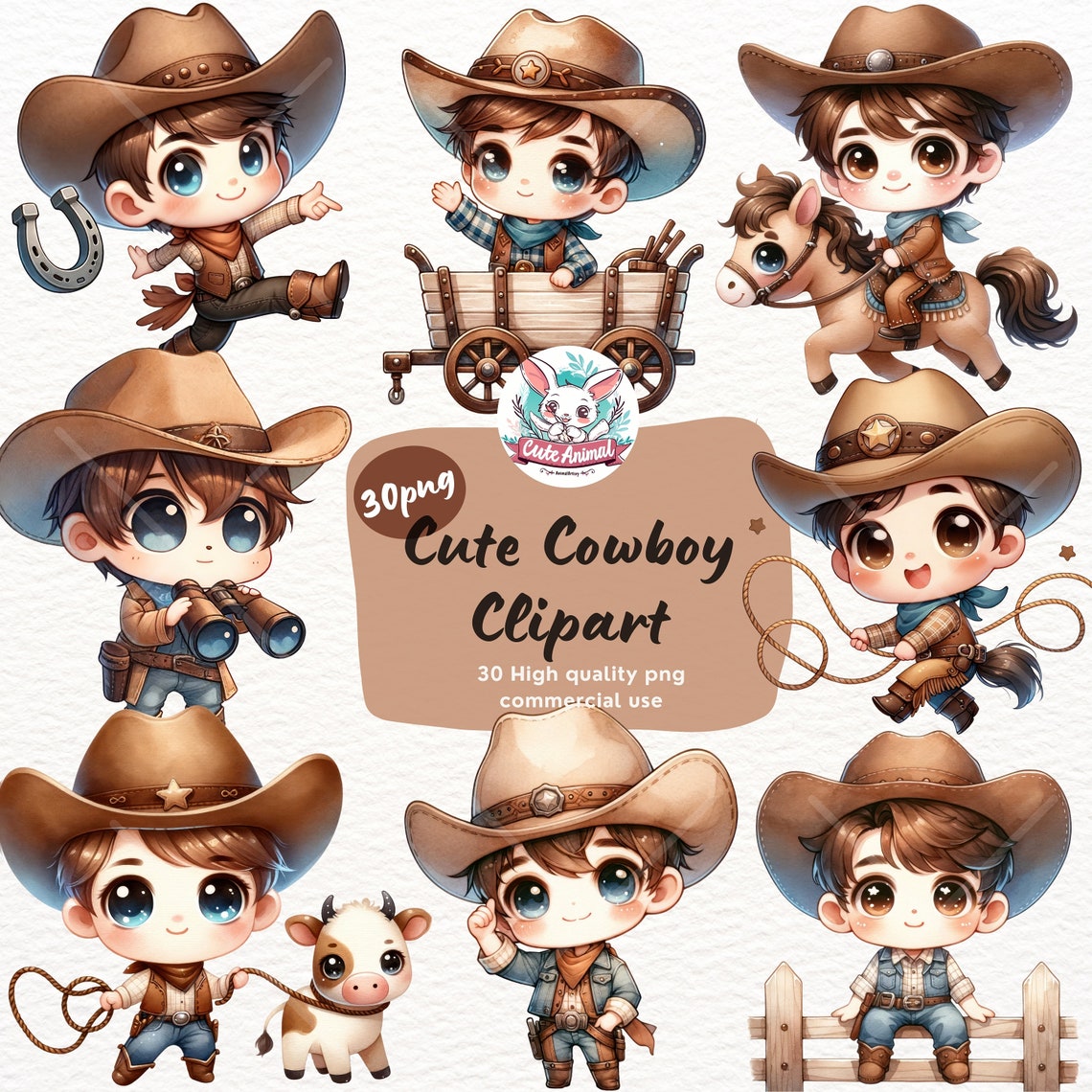 Baby Cowboy Clipart Bundle, Watercolor Clipart, Cute Cowboy Png, Wild ...