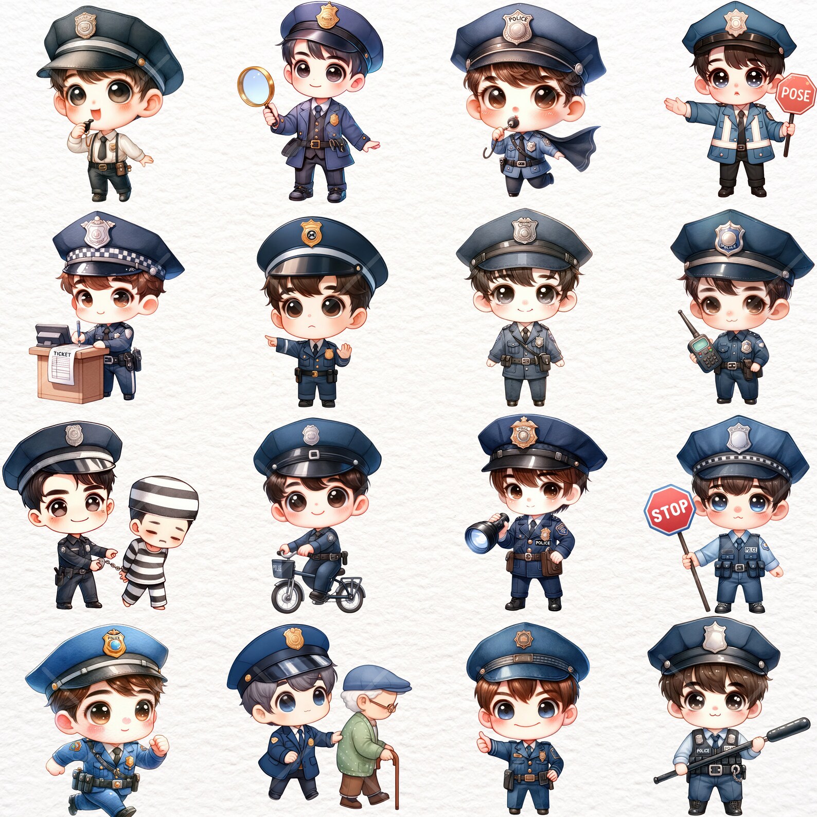 Cute Boy Police Clipart Bundle, Watercolor Police Clipart, Baby Boy ...