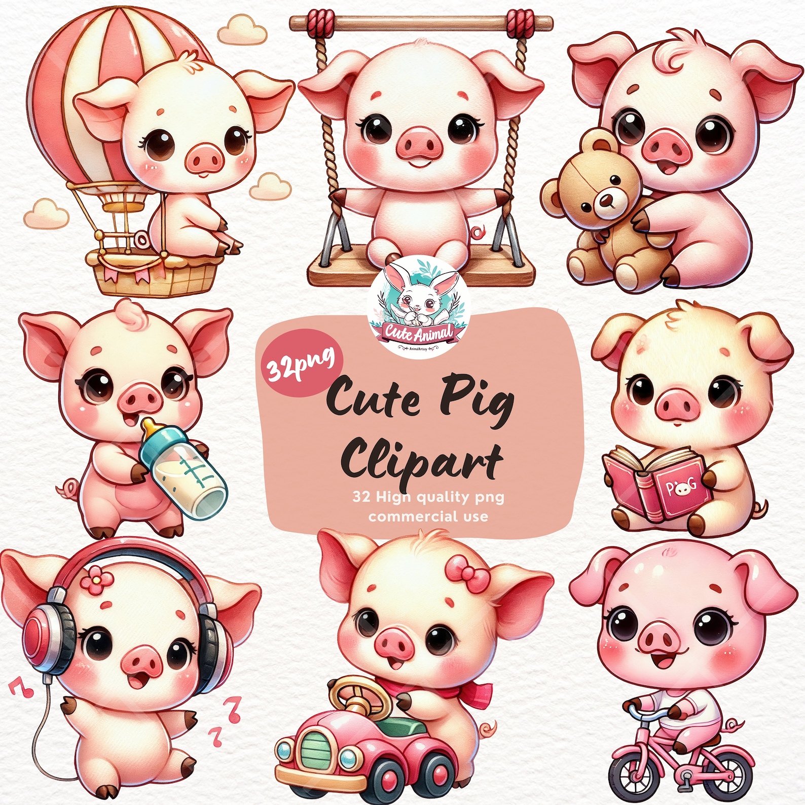 Cute Pig Clipart, Watercolor Baby Pig Nursery, Pig Sleep on Moon ...