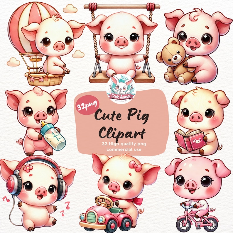 Cute Pig Clipart, Watercolor Baby Pig Nursery, Pig Sleep on Moon ...