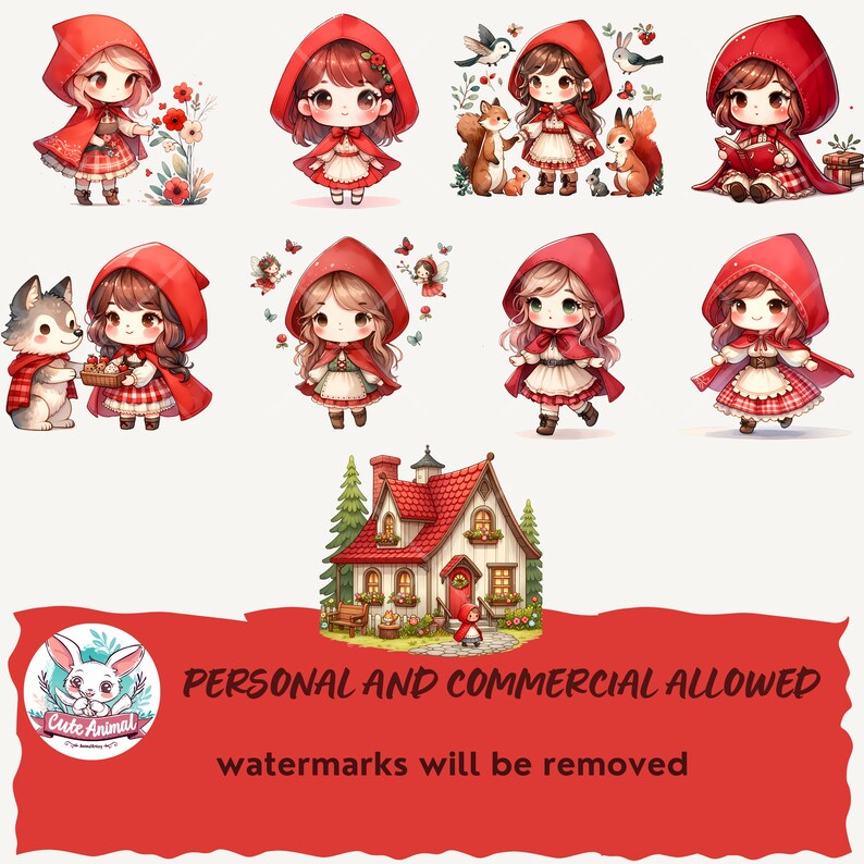 Red Riding Hood Chibi Clipart: Watercolor Fairytale Illustrations ...
