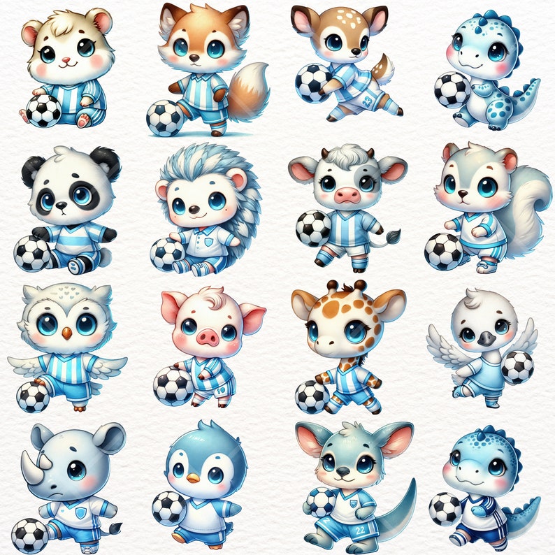 Soccer Animals Clipart, Watercolor Cute Cartoon Sports Nursery ...