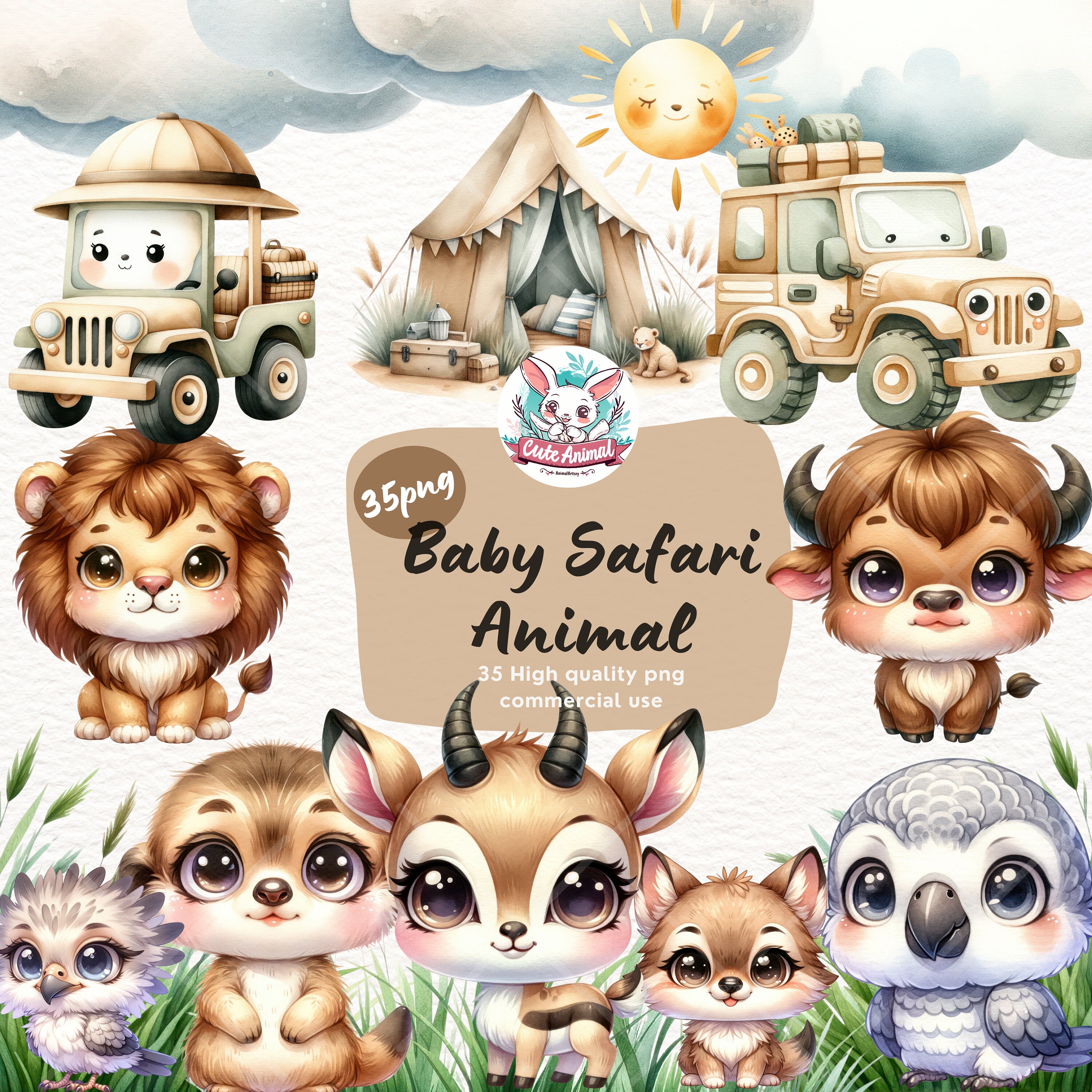 Baby Safari Animals Clipart, Jungle Animals, Watercolor Clipart, Safari ...