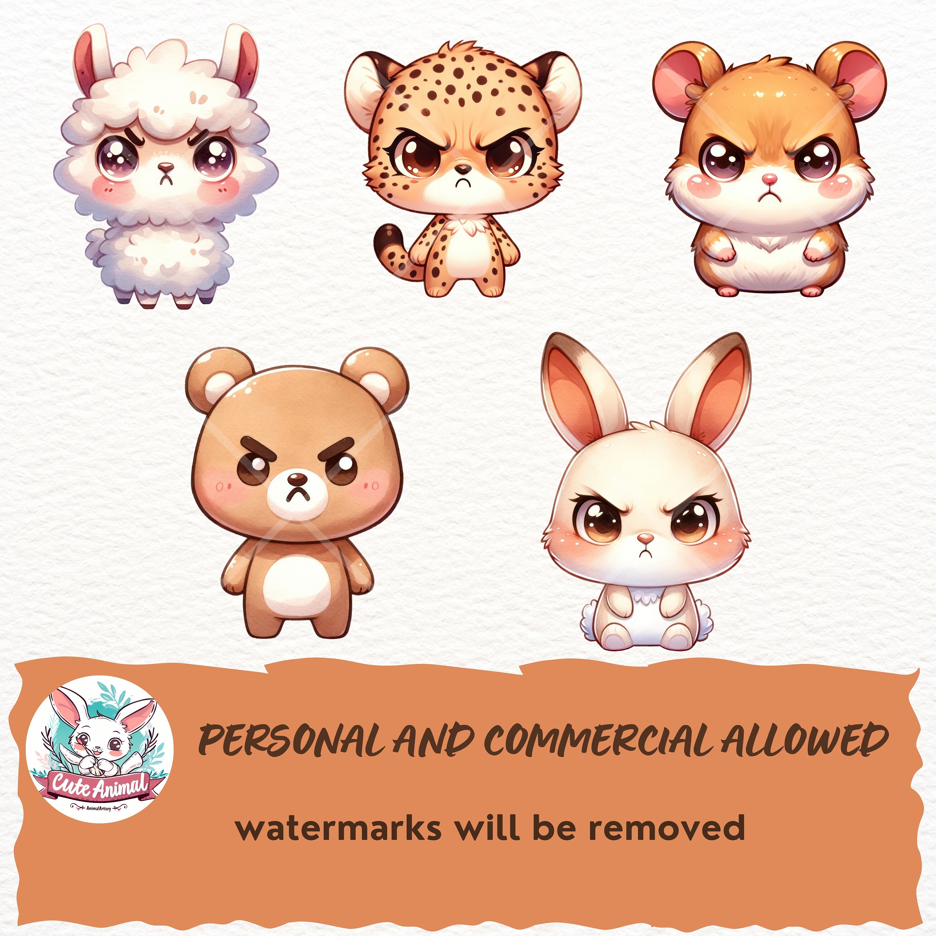 Funny Grumpy Animals Clipart, Watercolor Animals Clipart, Cute Animals ...