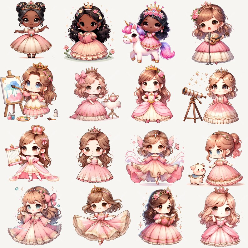 Princess Chibi Clipart Bundle: Watercolor Fairytale Illustrations ...
