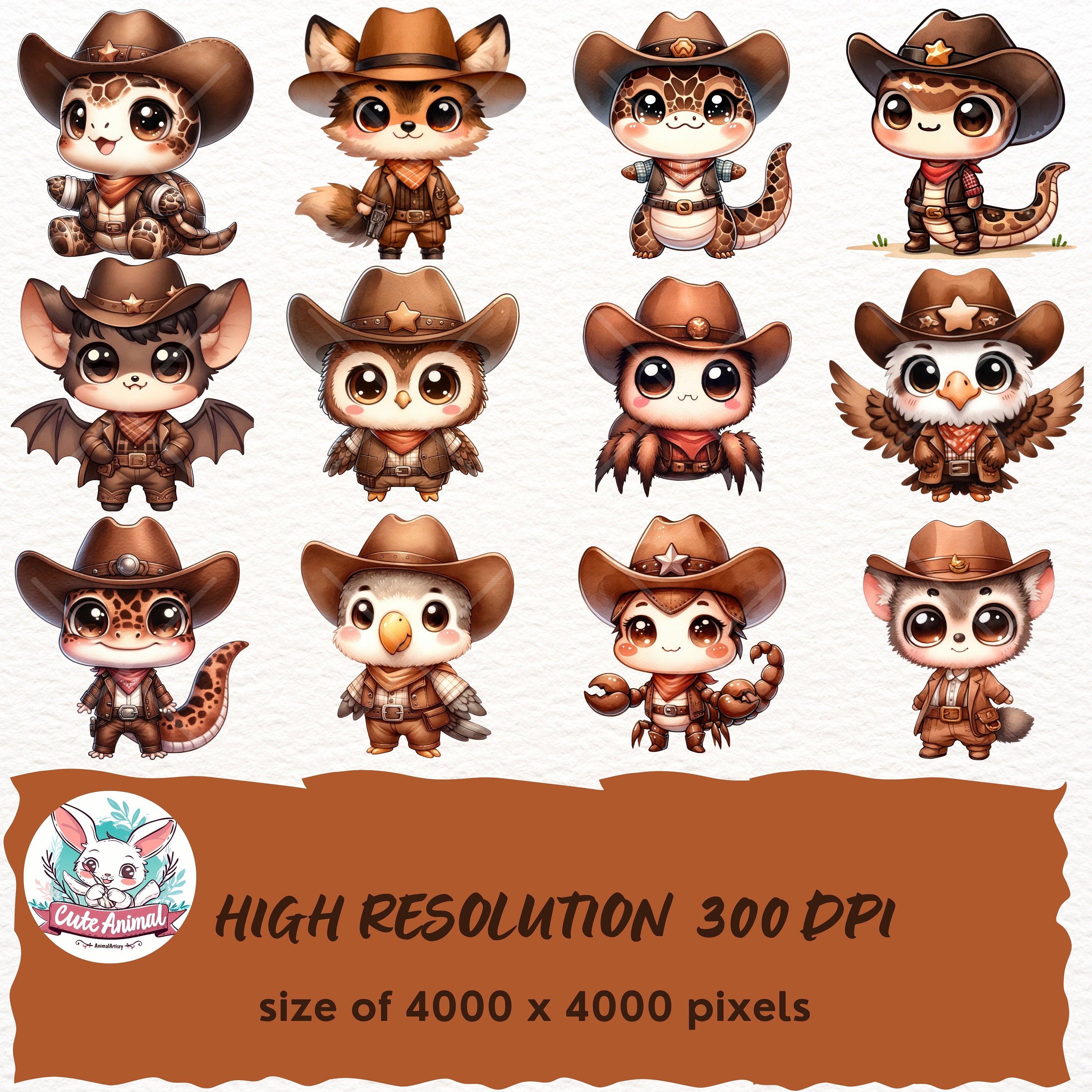 Cowboy Animal Clipart, Safari Animals Clipart, Watercolor Animals ...