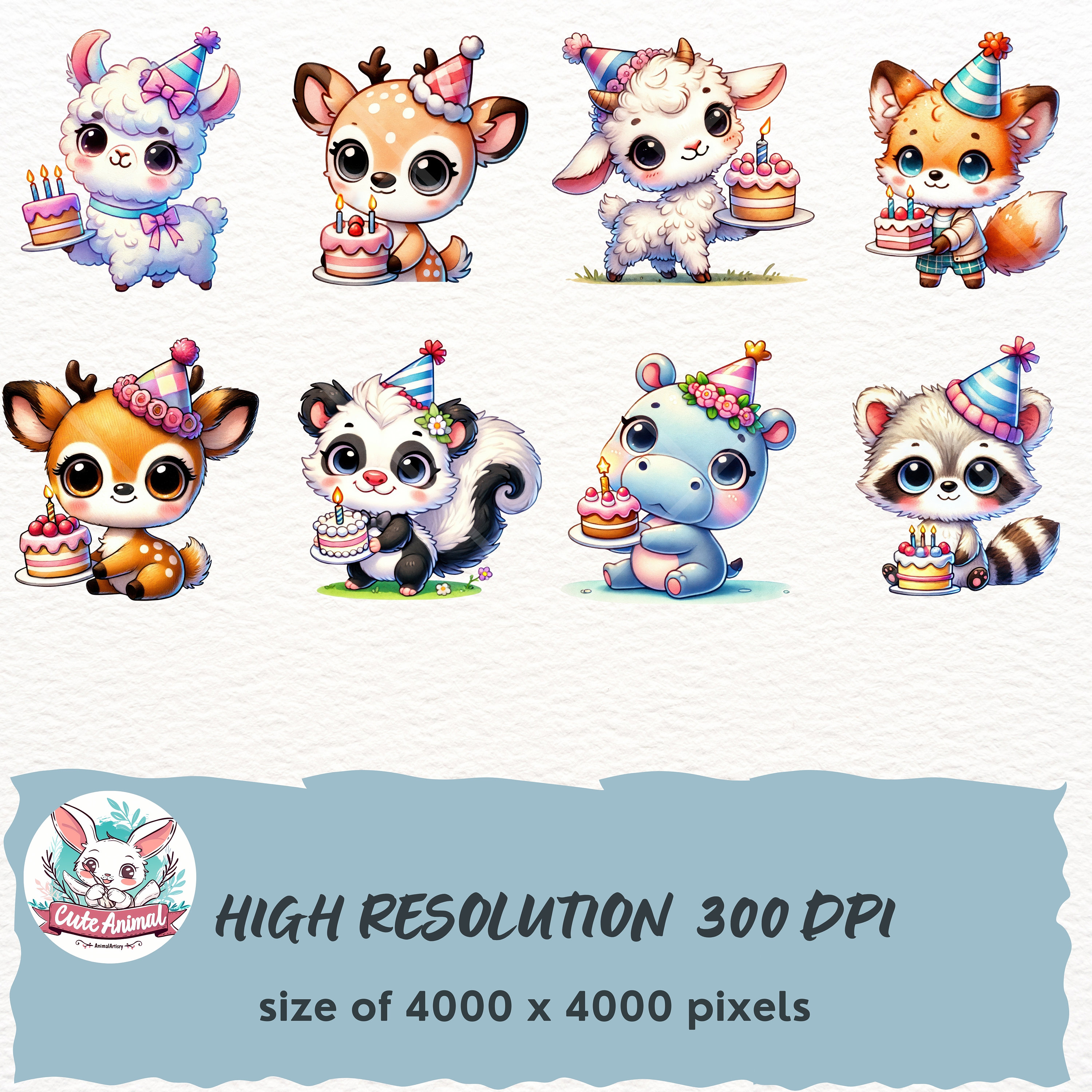 Birthday Animals Clipart Bundle, Watercolor Cute Animal Party Nursery ...