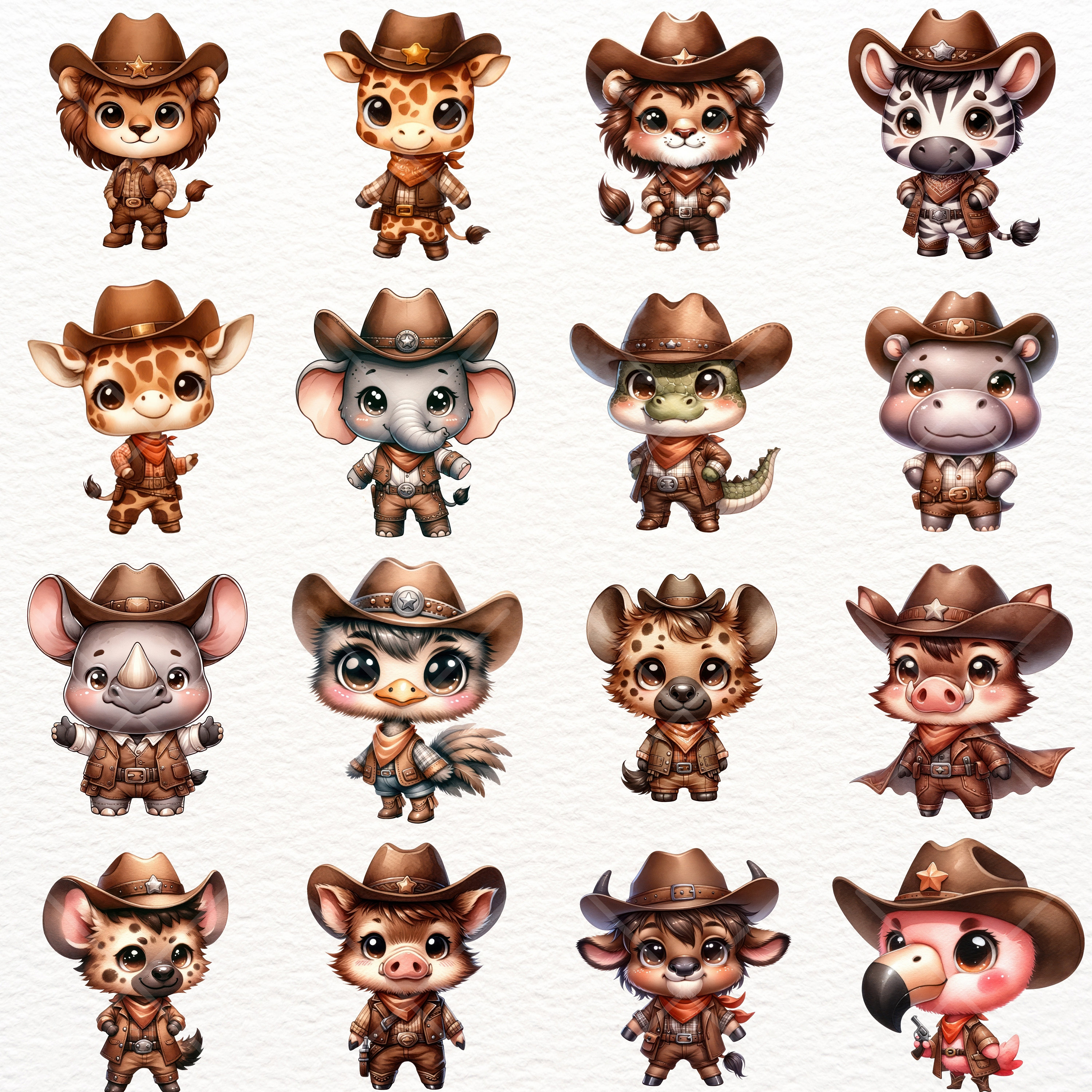 Cowboy Animal Clipart, Safari Animals Clipart, Watercolor Animals ...