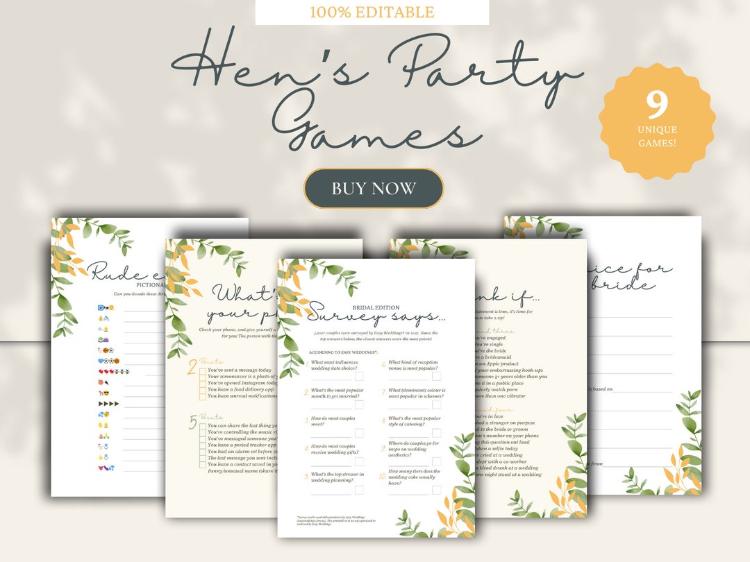 Hens Party Games Bundle 100% EDITABLE Coloured White Background Unique ...