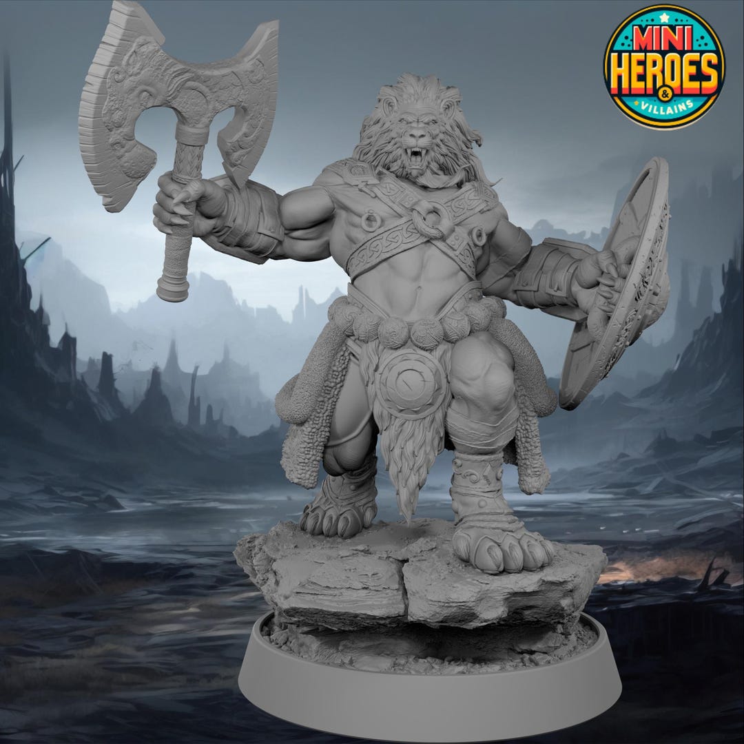 Powerful Lionfolk Warrior Miniature With Axe and Shield - 32mm Scale ...